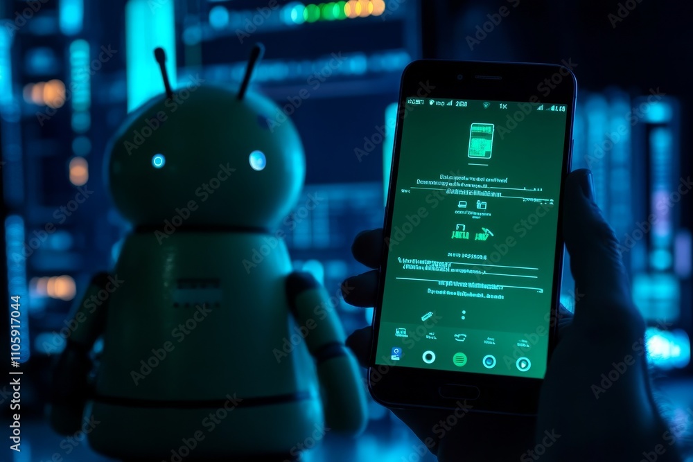 Futuristic Smartphone Interface with Android Robot in a High-Tech ...