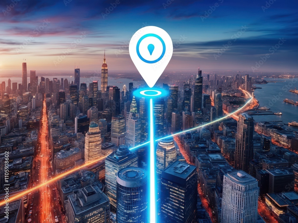 An augmented reality map marker appearing above a cityscape, showcasing ...