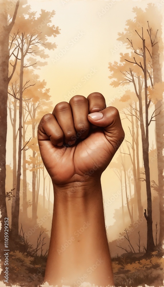 Ilustración de Stock Raised fist in autumn forest at sunset. belonging ...