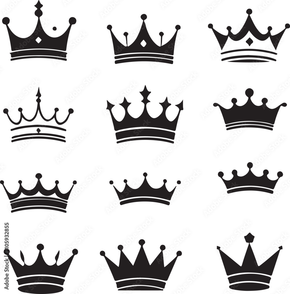 Crown icon set vector. Various styles, including simple and ornate ...