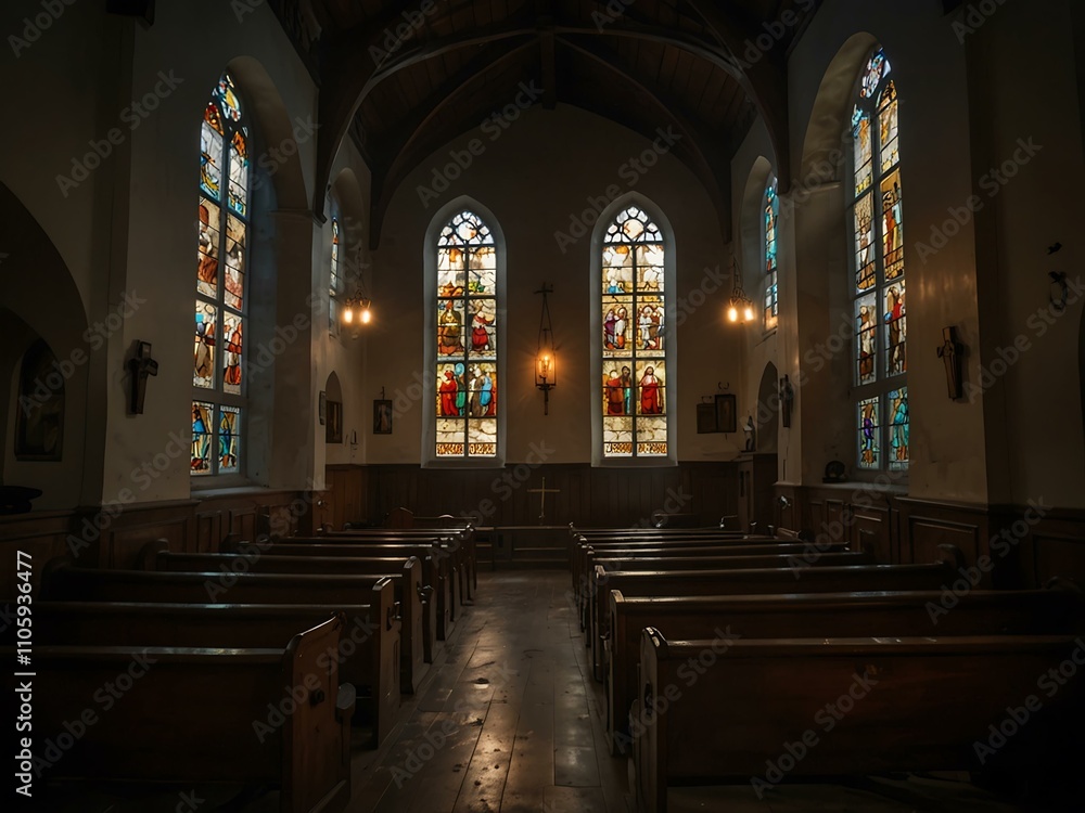 Dimly lit church interior with stained glass windows, casting light on ...