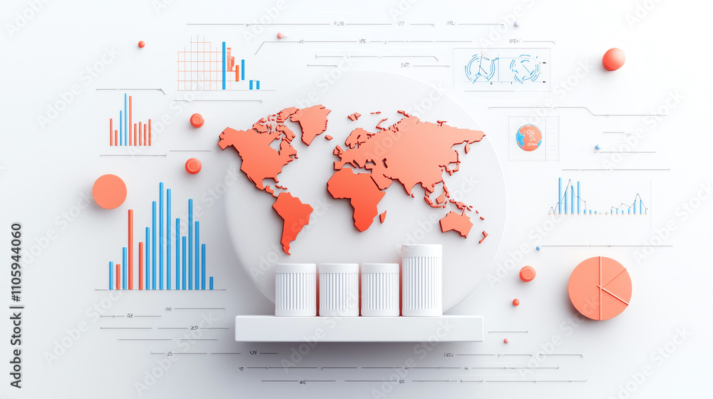 3D illustration of world map with data charts and graphs, highlighting global trade and economic ...