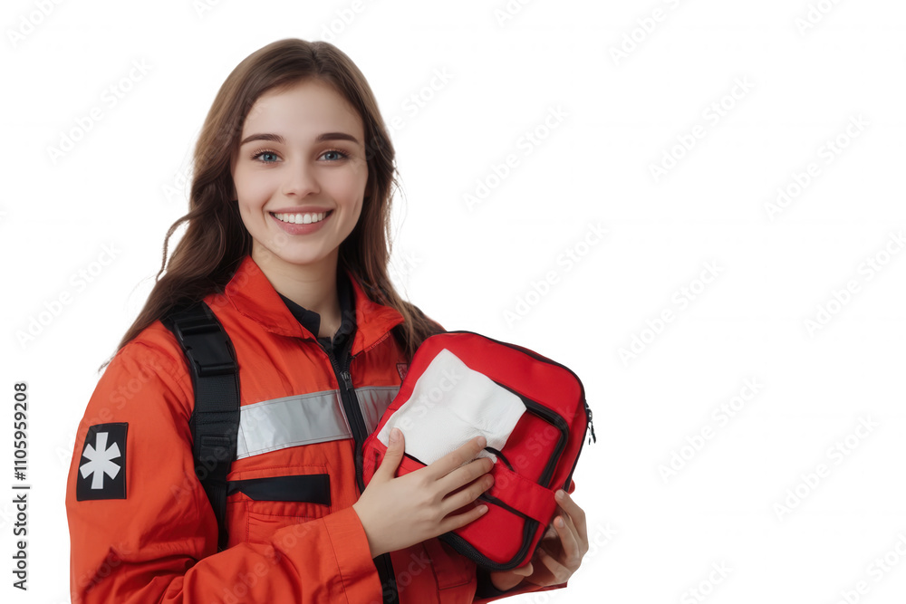 A young female paramedic stands confidently while holding a red first ...