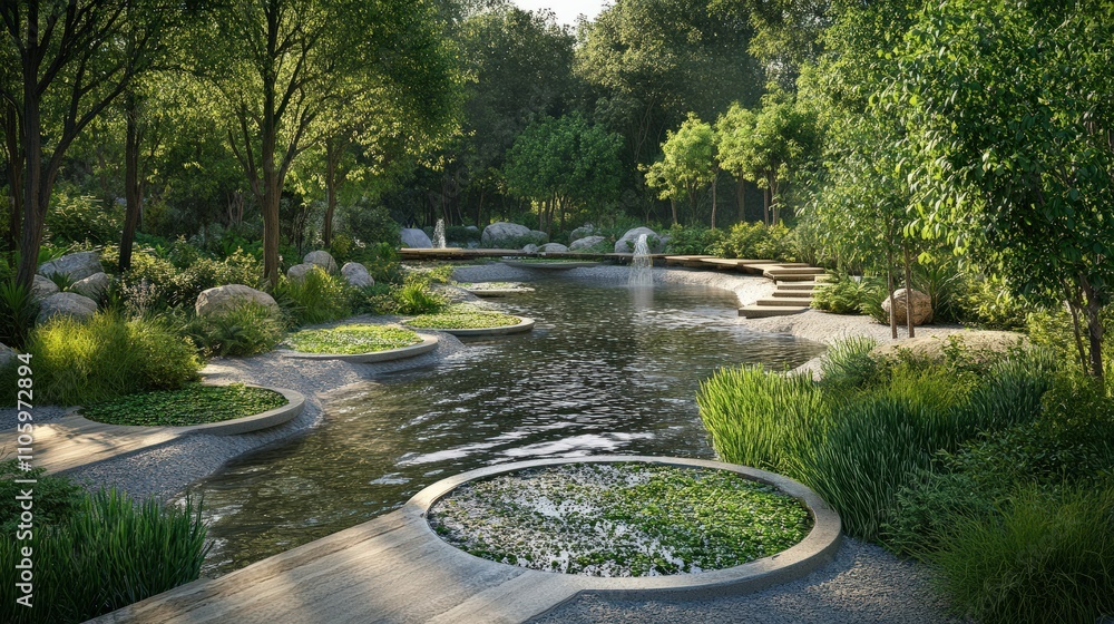 Advanced biofiltration system in a park, river with natural filters ...