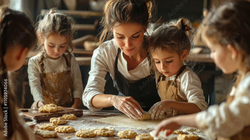 Pastry chef guides eager children in hands-on baking class at a cozy ...