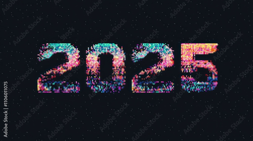 Written text "2025" in a pixelated, retro-style gaming font on a simple ...