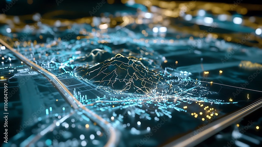 Digital Terrain Map with Illuminated Mountains and Geospatial Data ...