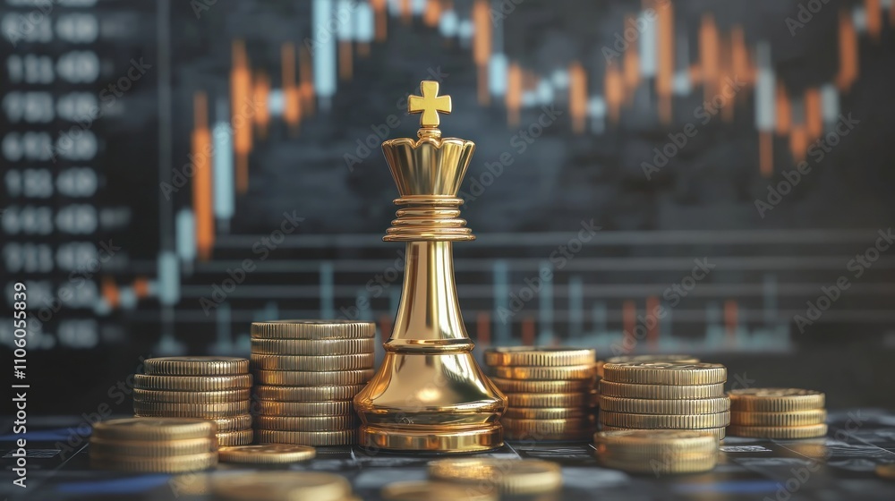 Gold king chess piece on a stack of gold coins in front of stock market ...