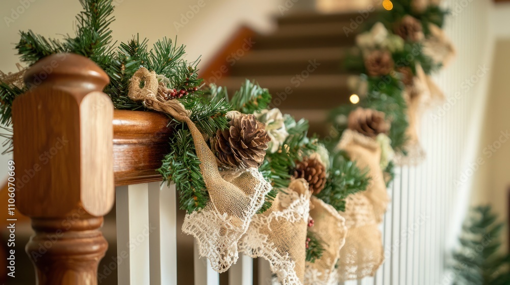 A rustic burlap garland with lace details, wrapped around a staircase ...
