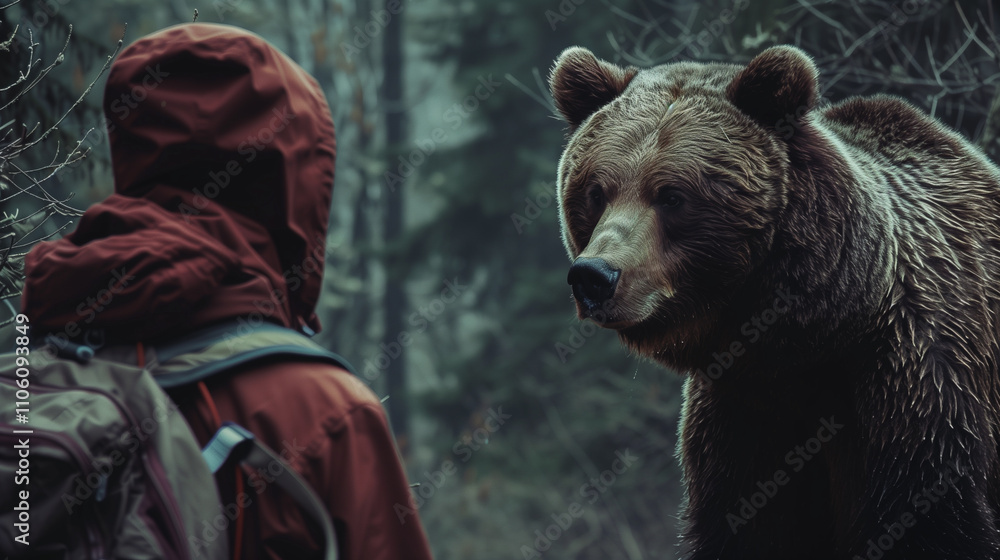 Bear Encounter. Hiker Facing a Grizzly Bear in a Foggy Woodland Setting ...