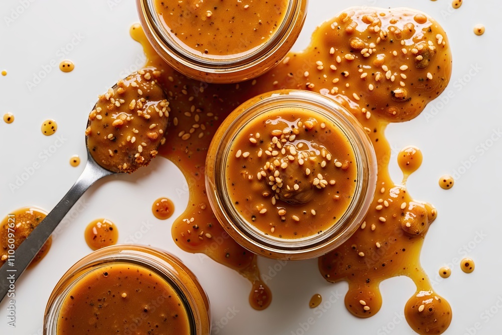 Flooded Sesame Dressing Spill Isolated on White Background - Top-Down ...