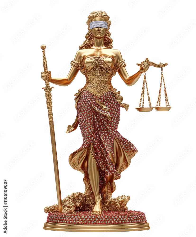 Gold Antique Statue of Lady Justice with scales and sword. PNG isolated on transparent ...