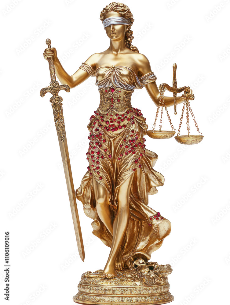 Gold Antique Statue of Lady Justice with scales and sword. PNG isolated ...