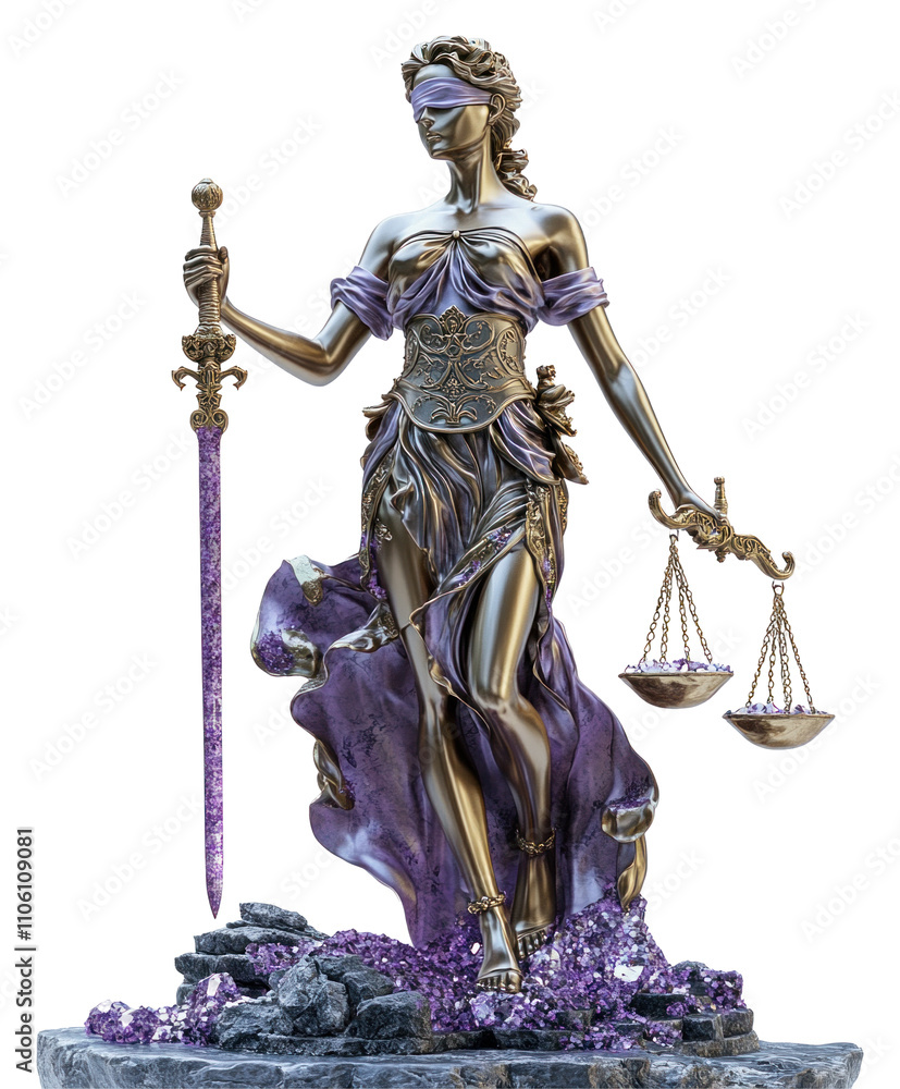 Gold Antique Statue of Lady Justice with scales and sword. PNG isolated on transparent ...