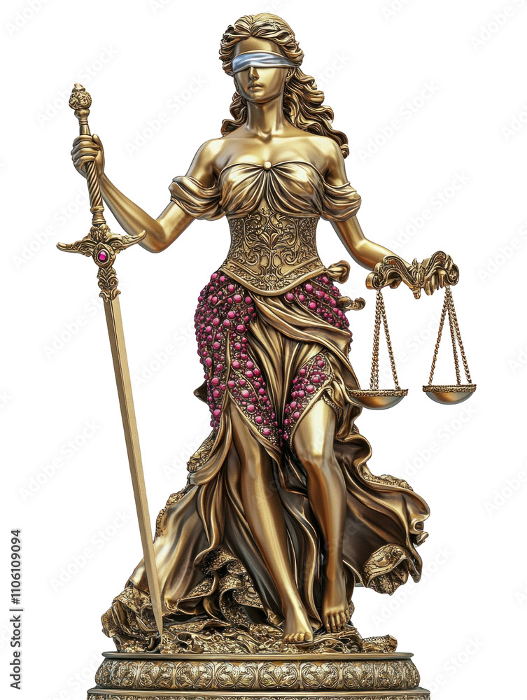 Gold Antique Statue of Lady Justice with scales and sword. PNG isolated ...