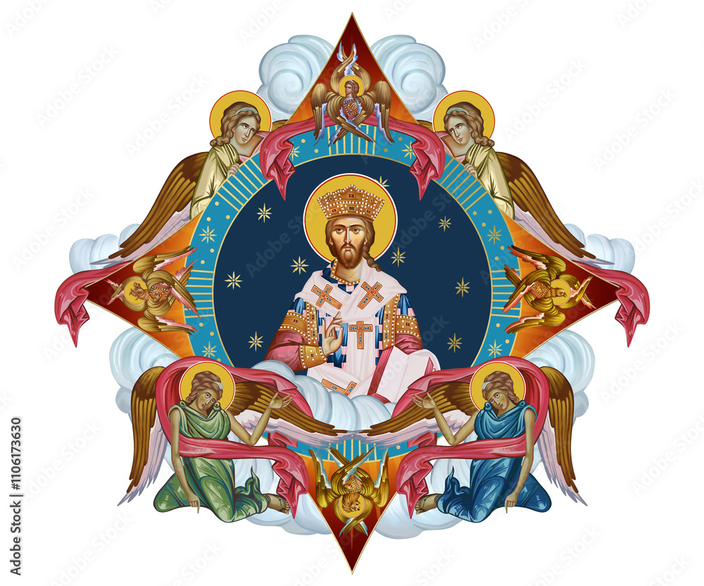 Jesus Christ the greatest Bishop. Bright religious dome with apostles ...