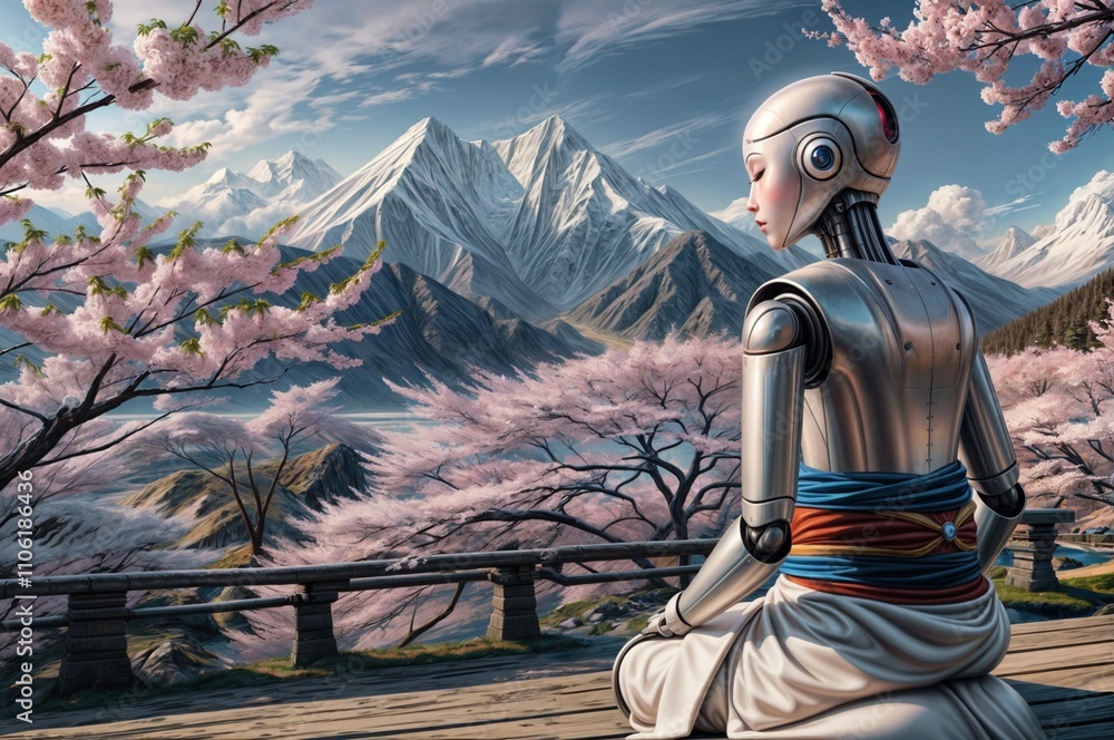 humanoid robot in kasaya with peaceful mountain scenery for use in ...