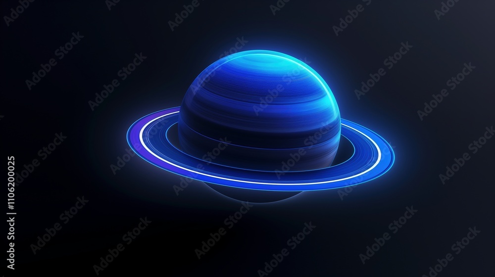 Lonely planet with rings glowing with neon 3d rendering image. Shiny ...