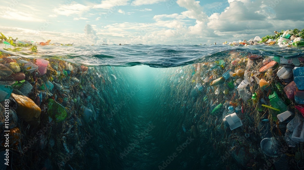 Response health warning concept. Underwater view of plastic waste ...