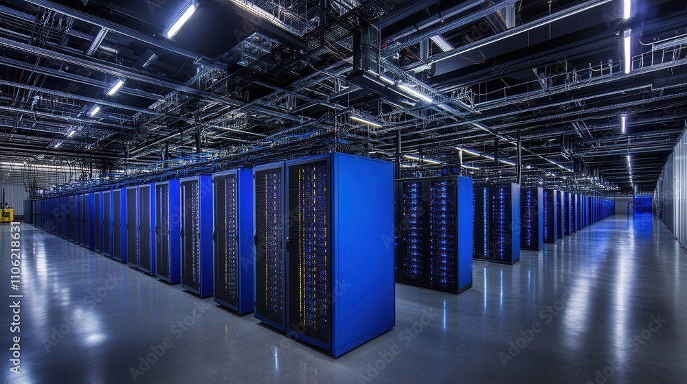 A data center scene with multiple rows of operational server racks ...