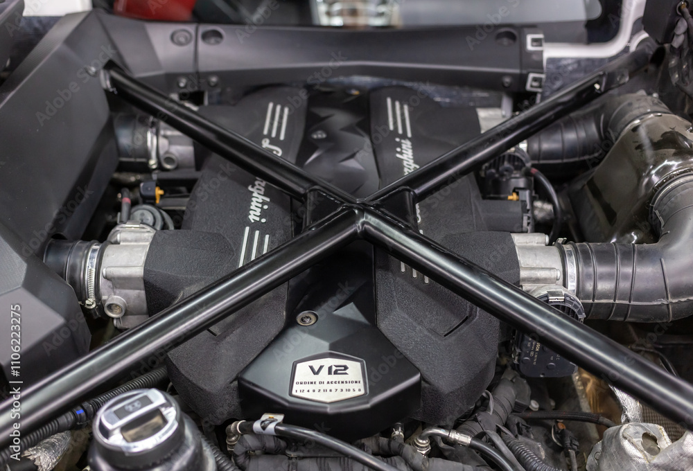The Lamborghini Aventador engine emblem indicating its V12 close-up ...