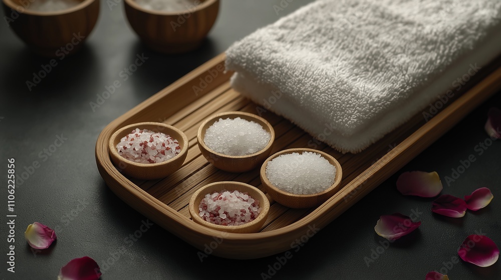 Delicate photo for a spa salon, large salt crystals and a towel on a ...