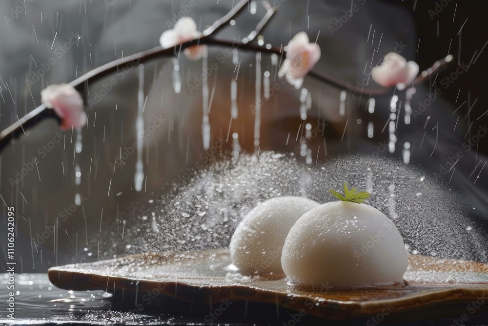 Daifuku mochi dessert sprinkled with powdered sugar under falling water drops and cherry blossom ...