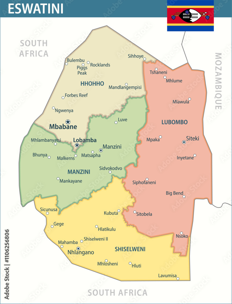 Eswatini Map Vector New 2024 Colorful - Customizable layered political ...