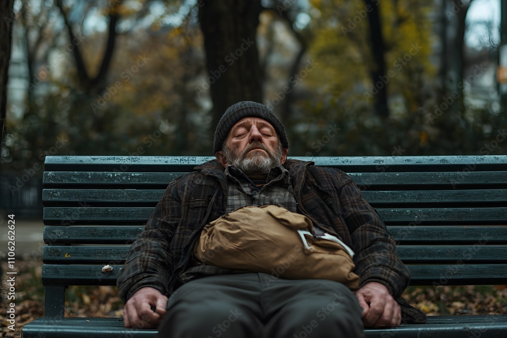 Homeless man lying on a park bench, wrapped in a blanket, surrounded by ...
