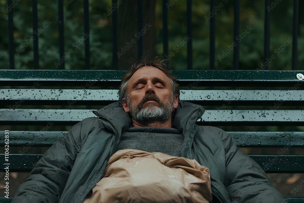 Homeless man lying on a park bench, wrapped in a blanket, surrounded by ...