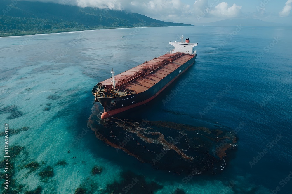 Oil tanker stranded offshore, leaking oil into the water, creating a ...