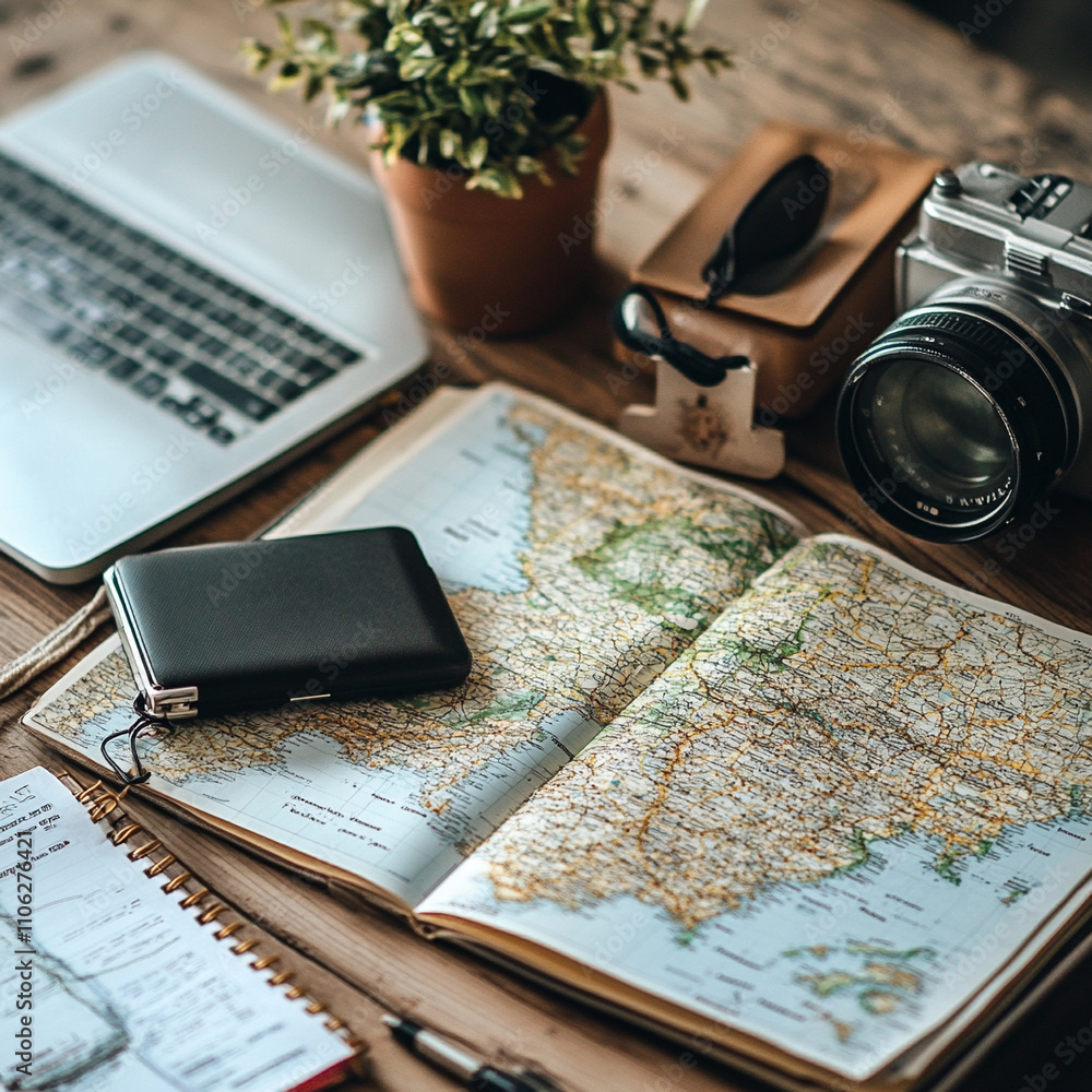 Exploring travel insights map and gear setup on a desk cozy workspace ...