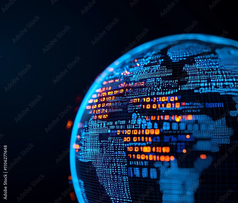 A digital technology background featuring a globe and binary code ...