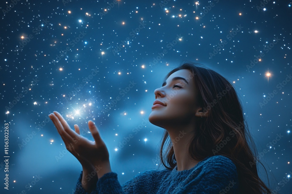 Young woman reaching out with awe to catch a glowing star, night sky ...
