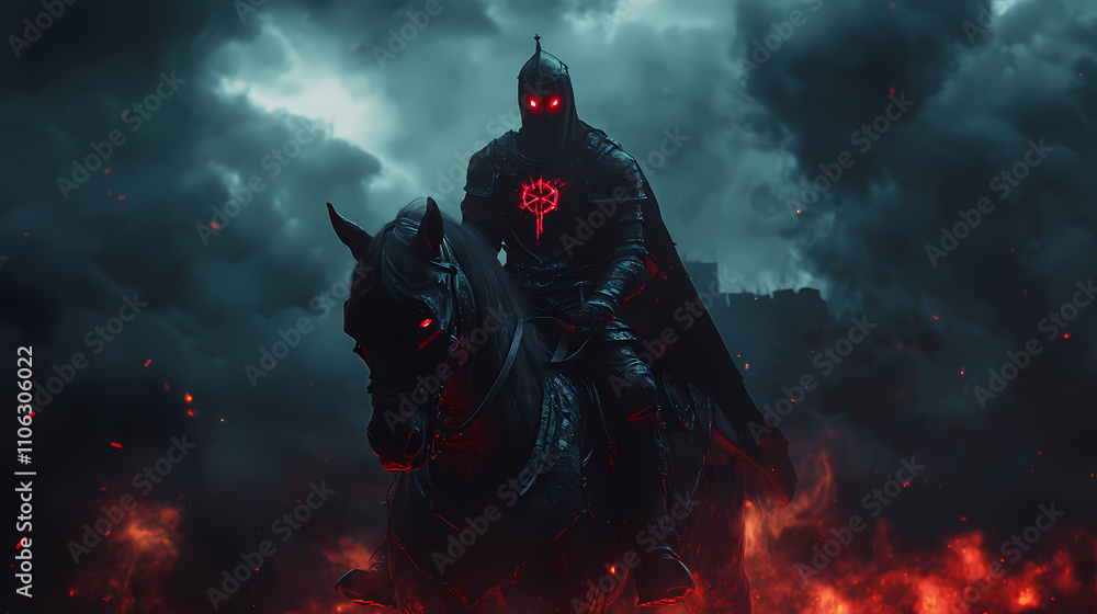 Otherworldly dark fantasy knight astride demonic steed glowing red eyes ...