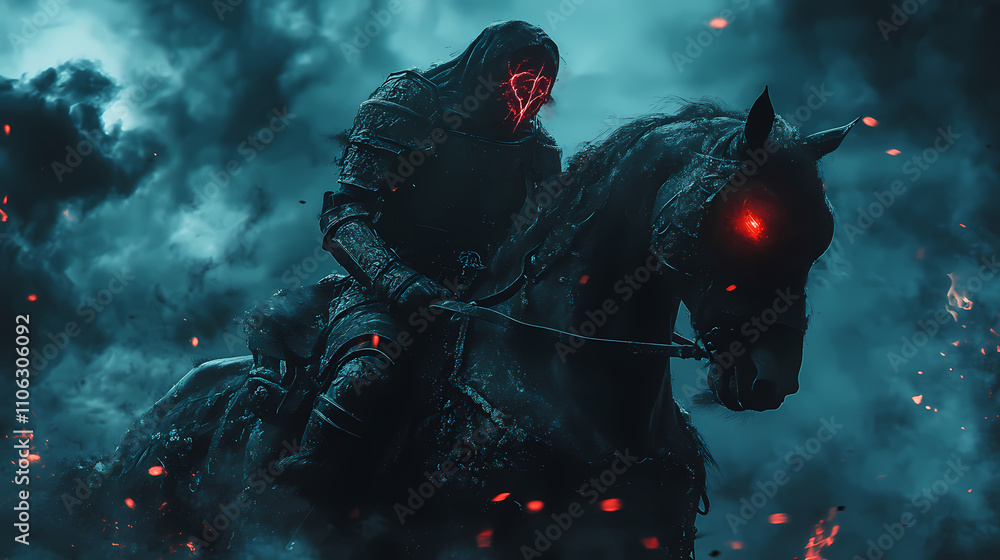 Otherworldly dark fantasy knight astride demonic steed glowing red eyes ...