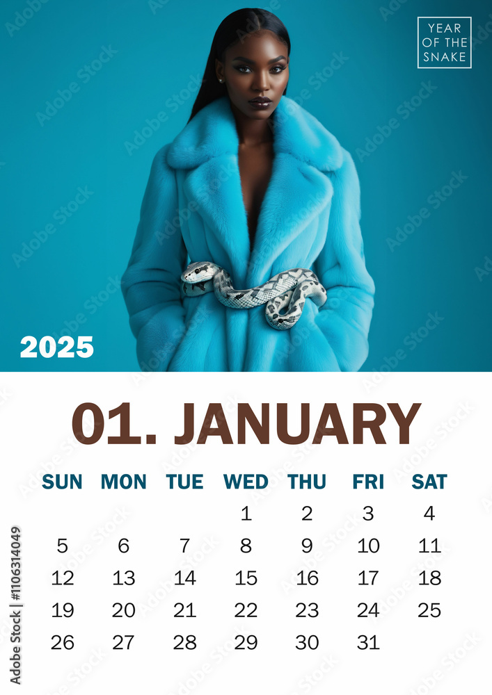 2025 January calendar in high-fashion style with studio portrait of ...