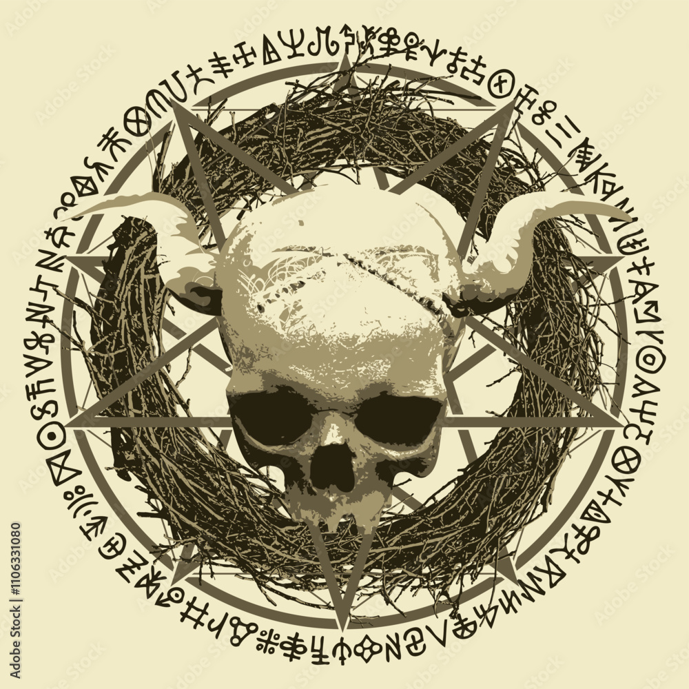 Vector illustration with people skull with horns, pentagram, occult and ...
