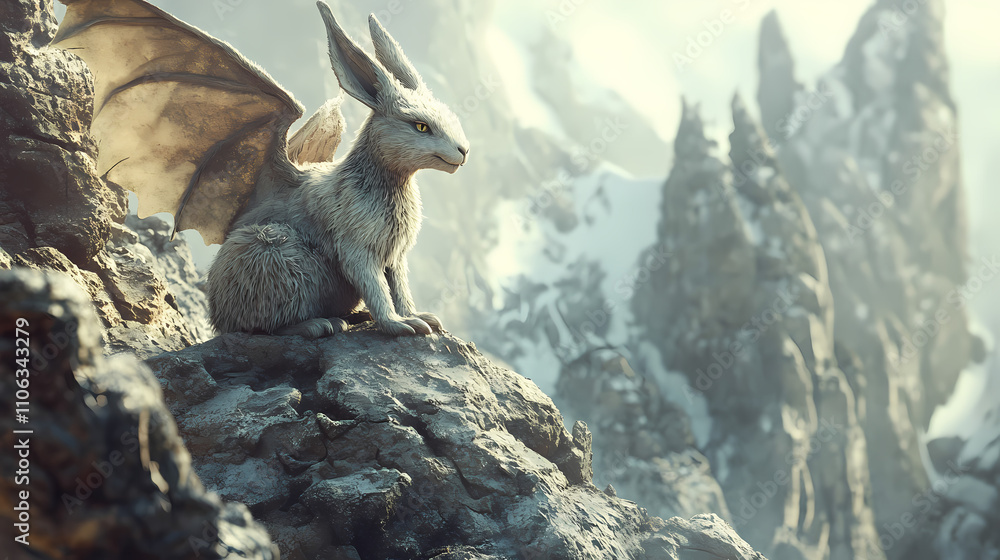 Majestic rabbit-dragon hybrid perched on rocky outcrop - 3d concept art ...