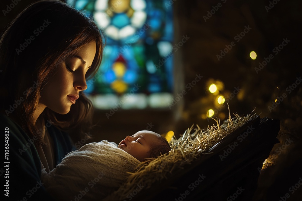 In a serene nativity scene, Mary lovingly looks over baby Jesus in the ...
