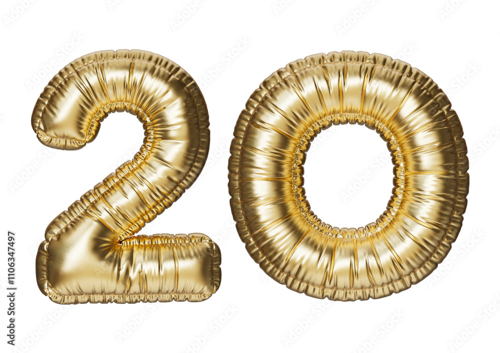 20. Glossy inflatable balloon with the number twenty. Golden volumetric ...