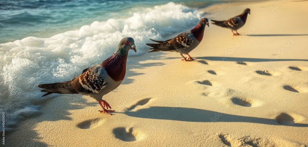 Nicobar pigeons strutting along a sandy shoreline, with tropical ocean ...
