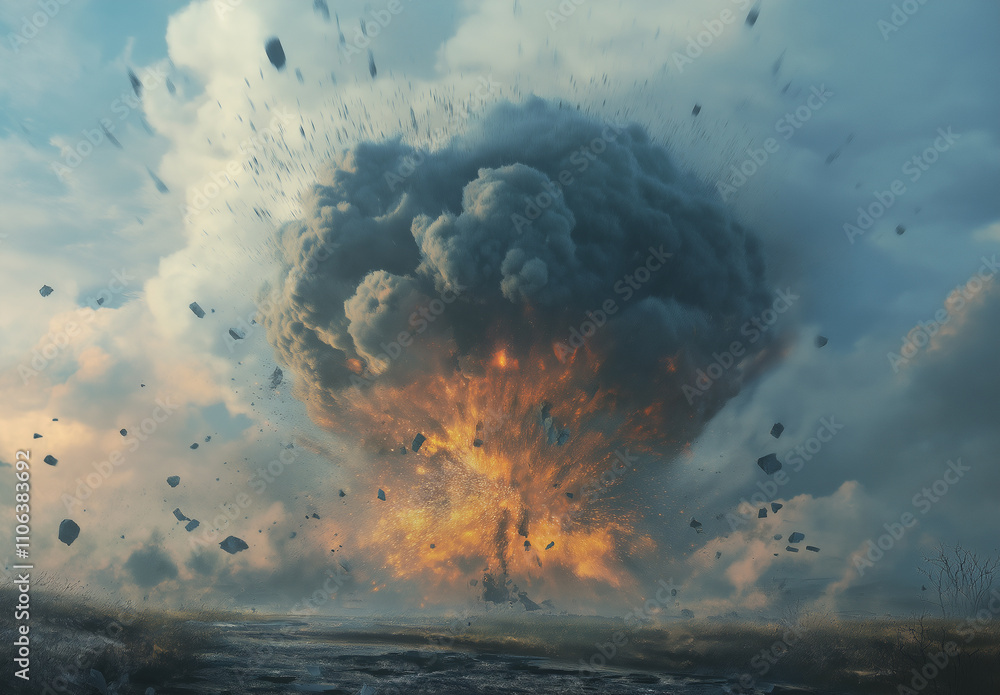 Loud massive explosion of bombs. Blast wave. Huge volumes of black ...