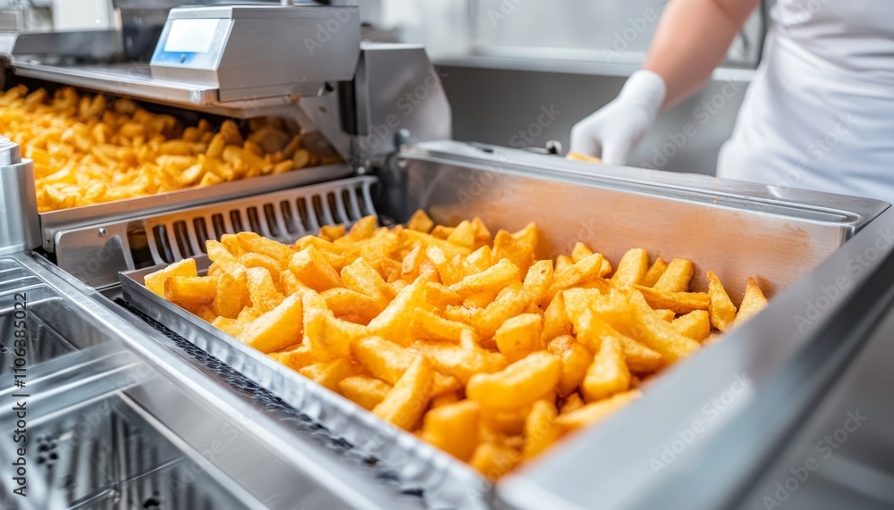 Golden French Fries Production Close-up of Crispy Fries in Industrial ...