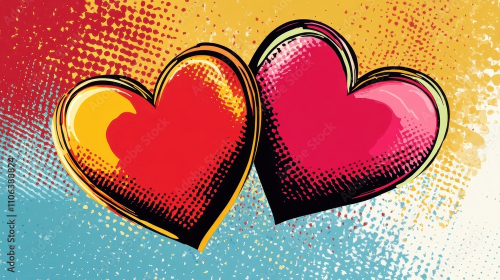 Two overlapping hearts, drawn in a bold and colorful pop art style ...