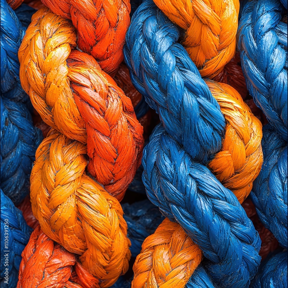 Dynamic close-up of intertwined blue and orange braided ropes ...