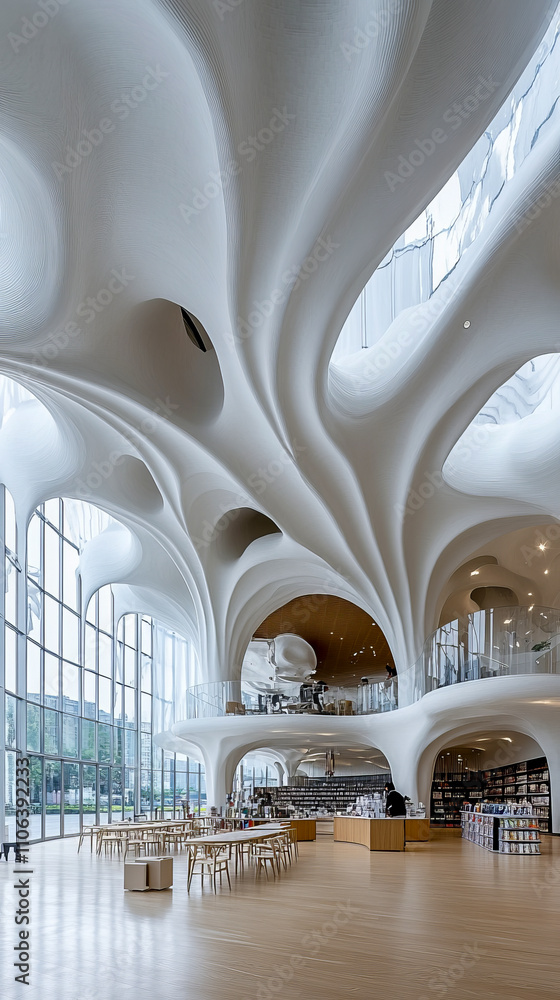 Modern library interior with futuristic ceiling design and spacious ...