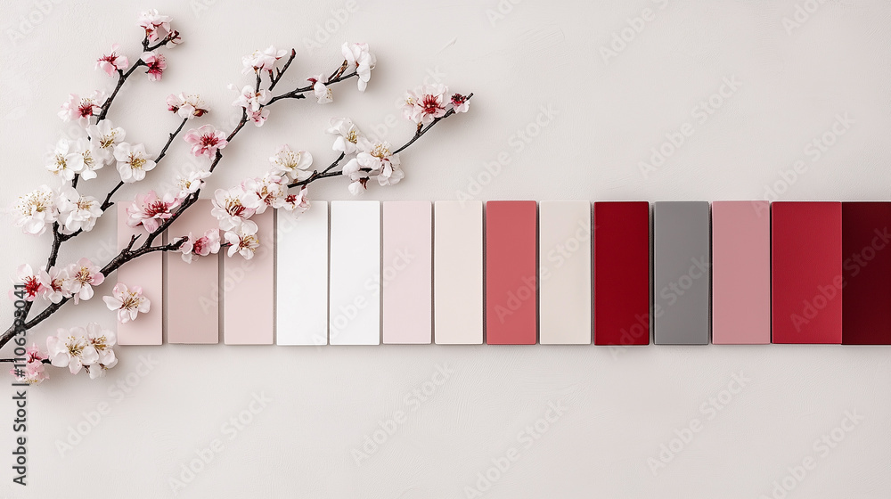 Cherry blossom color palette with branches on white background for ...