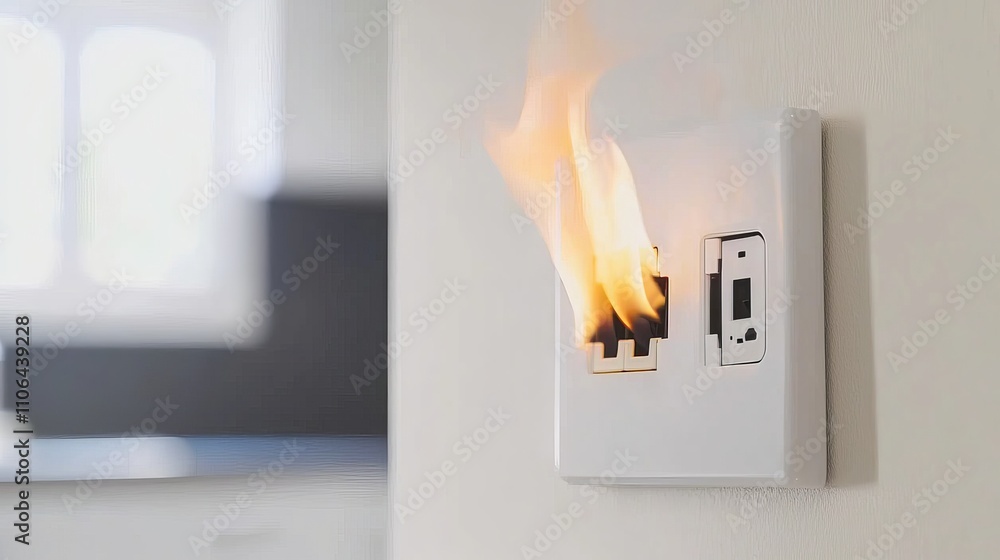 A dramatic image of an electrical outlet on fire, highlighting a ...