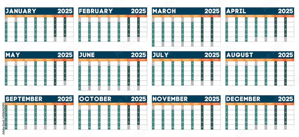 Calendar 2025. Calendar design template. English calender. Сolor vector ...